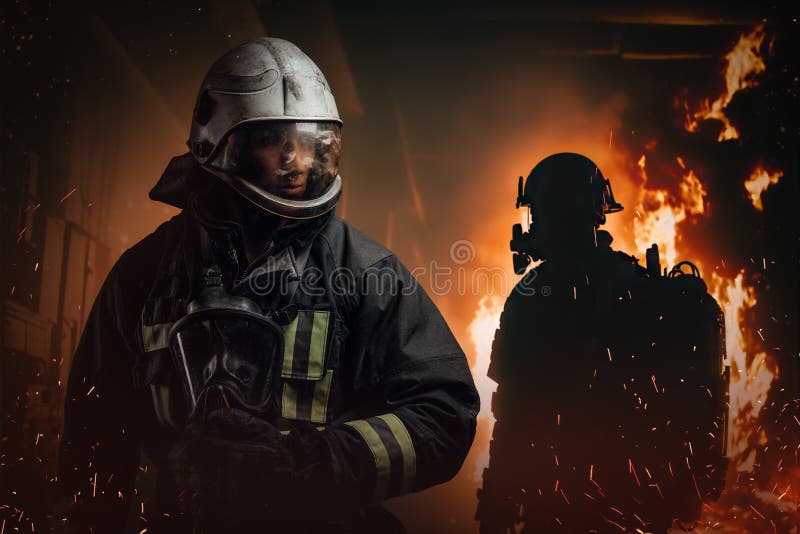 Teamwork of Two Firefighters Putting Out Fire in Burning Building Stock ...