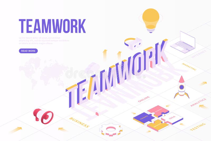 Teamwork Web Banner Concept. Creative Design Template with Isometric ...
