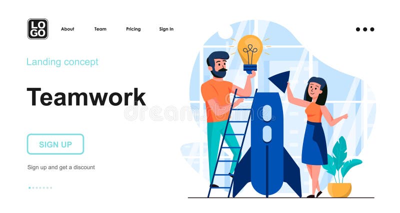 Teamwork Web Concept. Man and Woman Launch Startup, Develop New Business Together, Cooperation ...