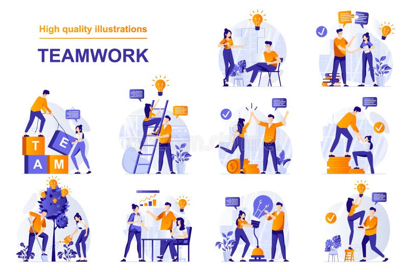 Teamwork Web Concept with People Scenes Set in Flat Style. Stock Vector ...