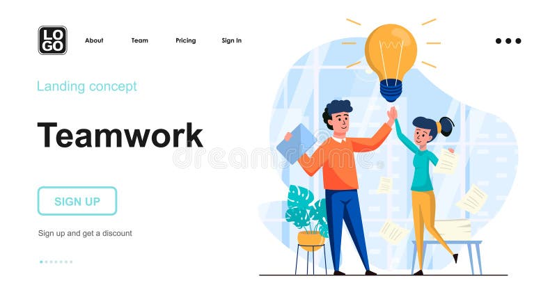 Teamwork Web Concept. Team of Employees Working Together, Motivation, Good Communication at ...