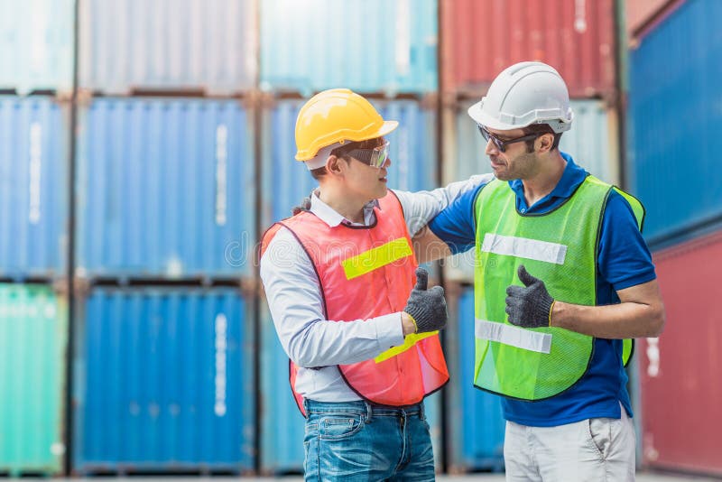 Teamwork Of Worker Working Good Thumbs Up Together Happy Smiling In Logistic Segment Container