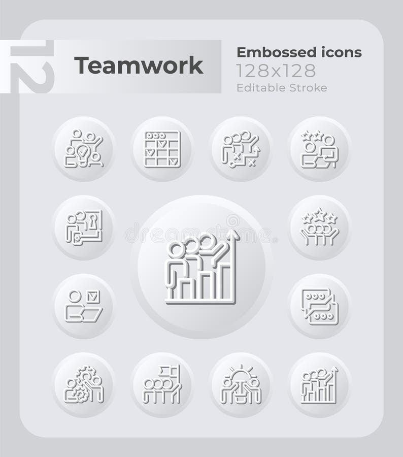 Teamwork in Workplace Embossed Icons Set Stock Vector - Illustration of ...