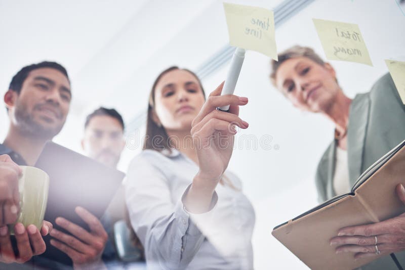 Teamwork, Writing and Business People on Glass Board for Planning ...