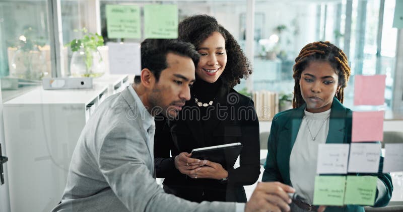 Teamwork, Writing and Business People on Tablet in Office for Schedule ...