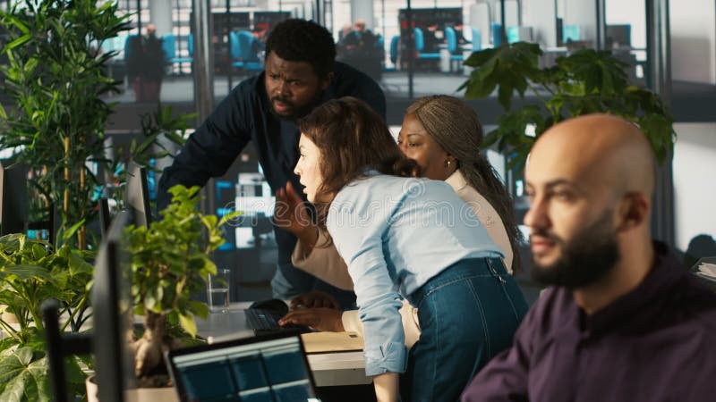 Teamworking Colleagues in Office Analyzing Data Charts on Computer Screen Stock Video - Video of ...