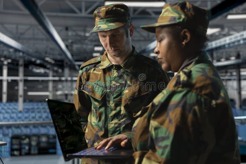 Teamworking Soldiers in Server Hub Doing Brainstorming, Checking ...