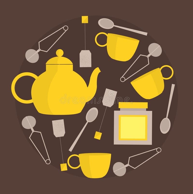 Teapot, Cups and Spoons in Round Frame. Vector Illustration Stock ...