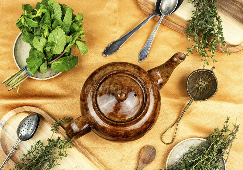 Teapot with Fresh Herbal Tea, Tea Time Stock Image - Image of health ...