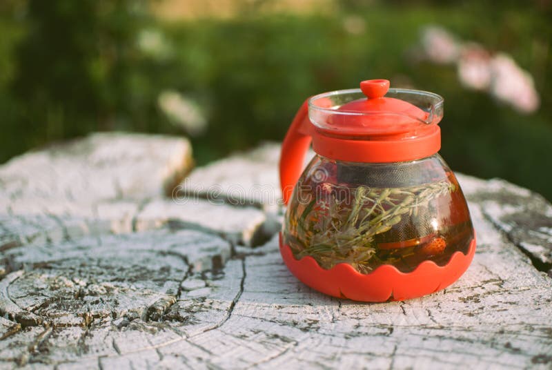 Teapot of Fruit Tea with Herbs and Berry on the White Tree Stump Stock ...
