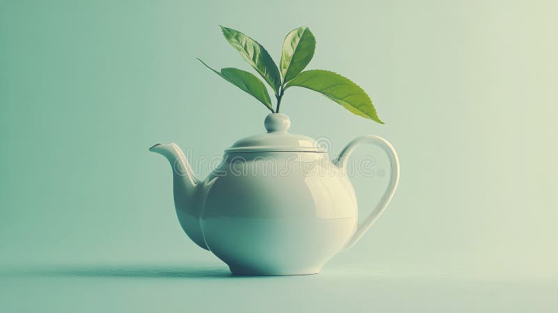 Teapot with Green Leaves Symbolizing Freshness and Tranquility in a ...