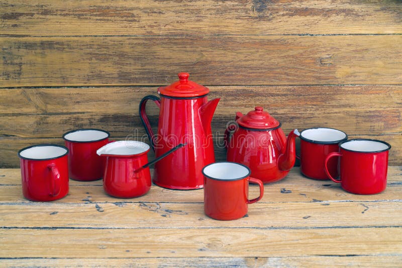 Teapot, Jug for Milk and Cups of Red Color Stock Image - Image of drink ...