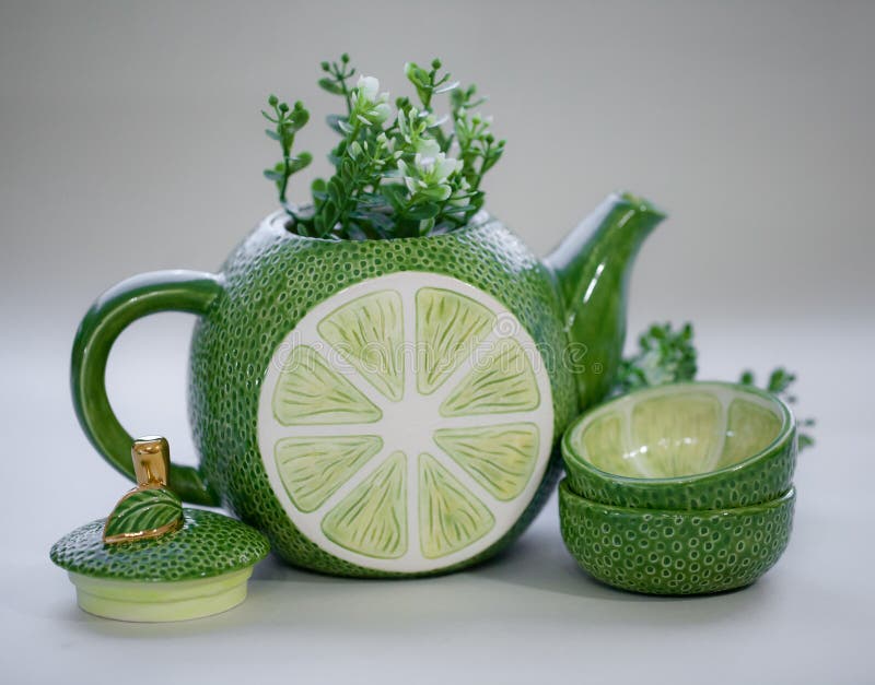 Teapot Lime Green. Handmade Ceramic Tea Set Stock Photo - Image of ...