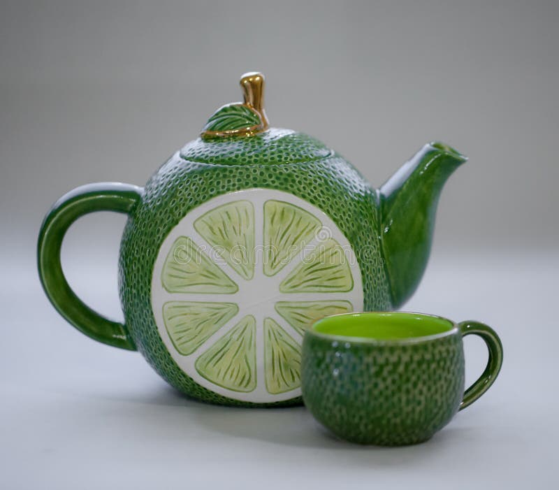 Teapot Lime Green. Handmade Ceramic Tea Set Stock Image - Image of ...