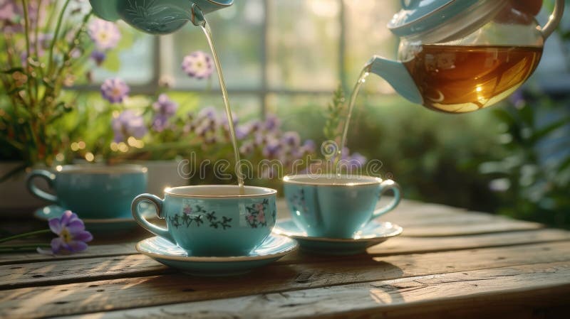 Teapot Pouring Tea into Four Cups Stock Image - Image of drinking ...