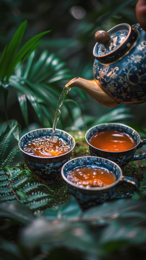 Teapot Pouring Tea into Four Cups Stock Image - Image of kitchen ...