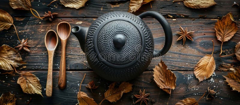 Teapot and Spoons on Wooden Table Stock Photo - Image of teapot, room ...