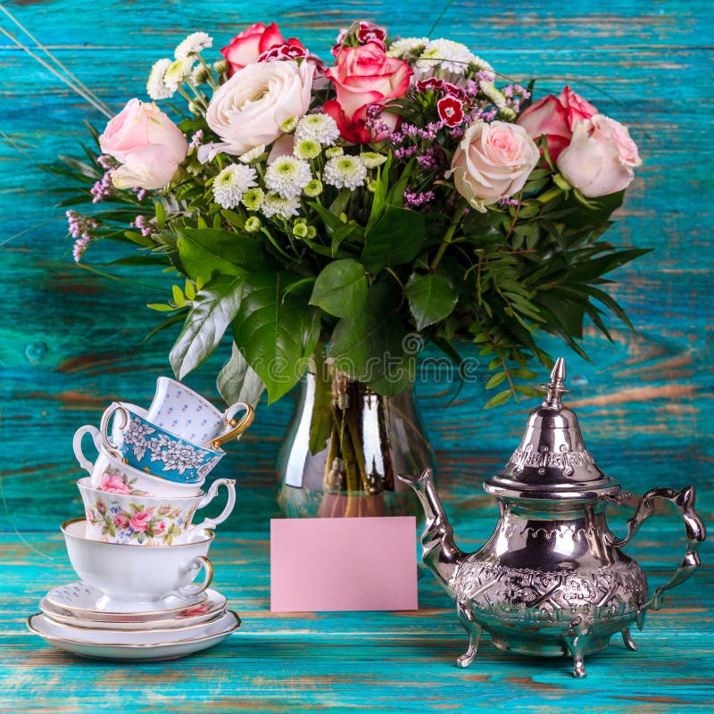 Teapot and Stack of Vintage Tea Cups Stock Photo - Image of porcelain ...