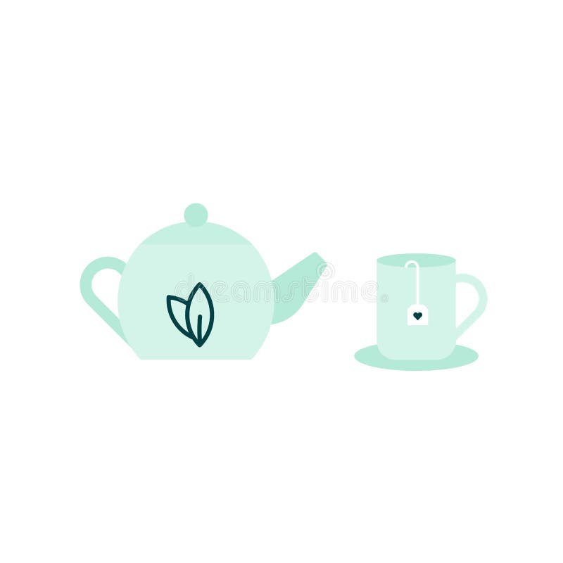 Teapot with Tea Leaves. Cup of Tea and Tea Bag with Heart Shape. Vector ...