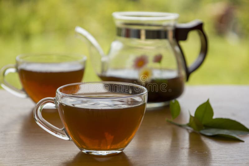 Teapot with a Transparent Cup of Tea in Nature Stock Photo - Image of ...