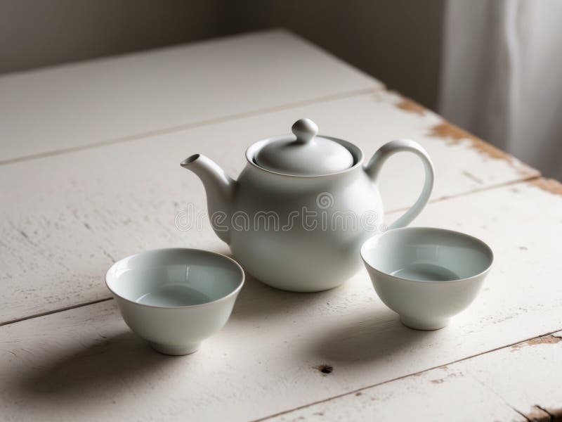 A Teapot and Two Cups Sitting on a Wooden Table. Stock Illustration ...