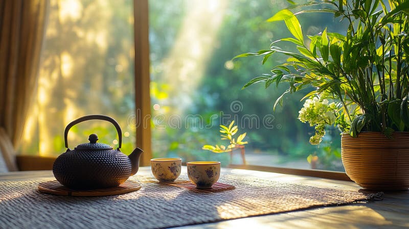 A Teapot and Two Cups of Tea Sit on a Table in Front of a Window Stock ...