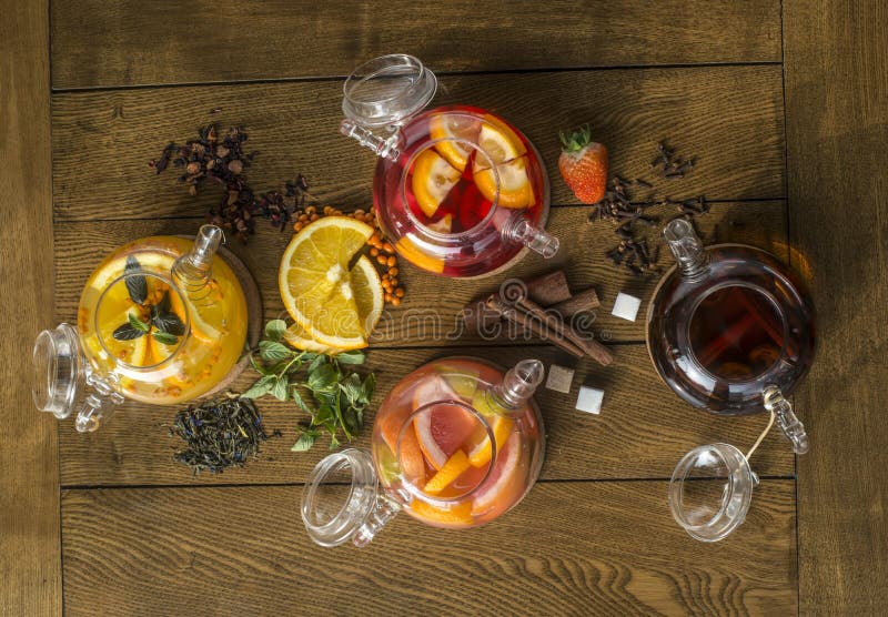 Teapots with Different Fruit Teas on the Table Stock Image - Image of ...