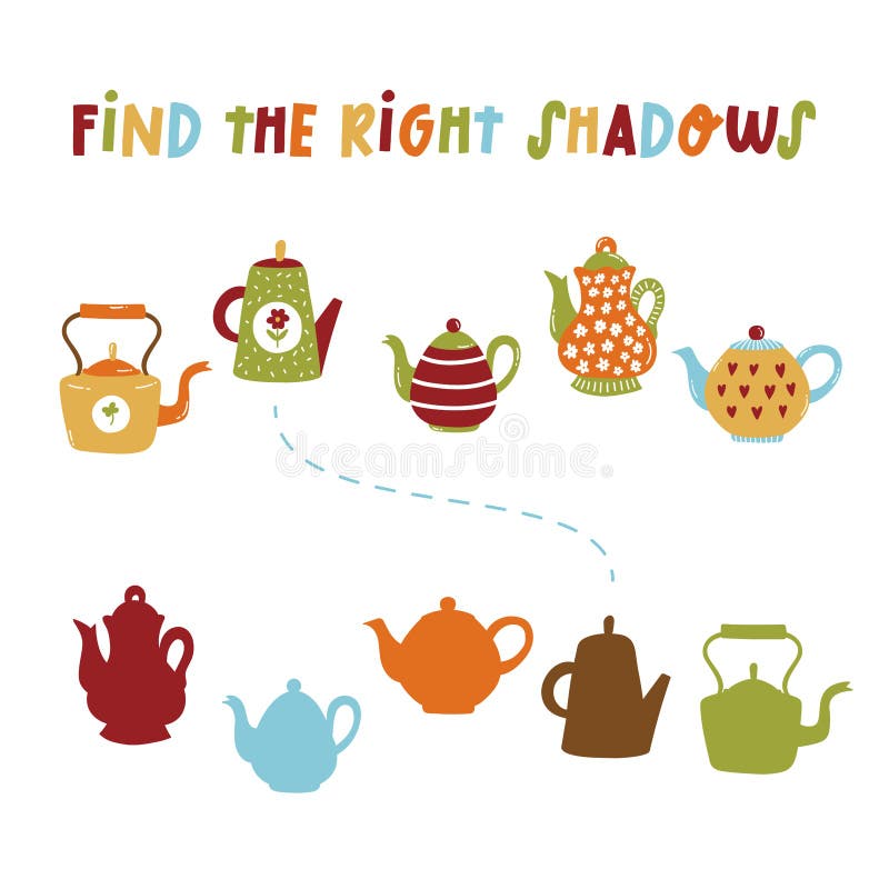 Teapots Shadow Game Kids Quiz Vector Set Stock Vector - Illustration of ...