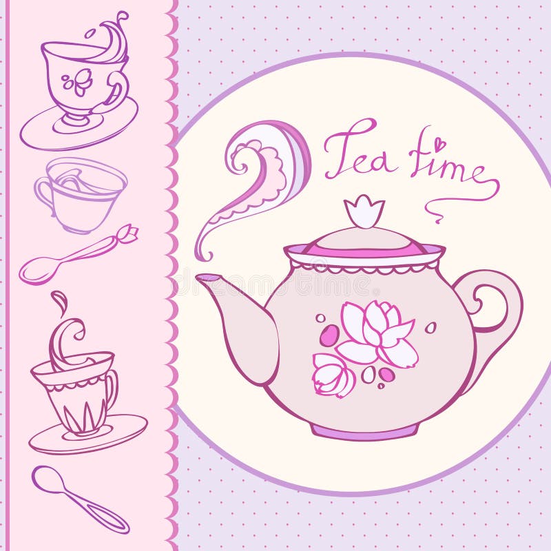 Teatime Greeting Card with Mugs Stock Vector - Illustration of doodle ...