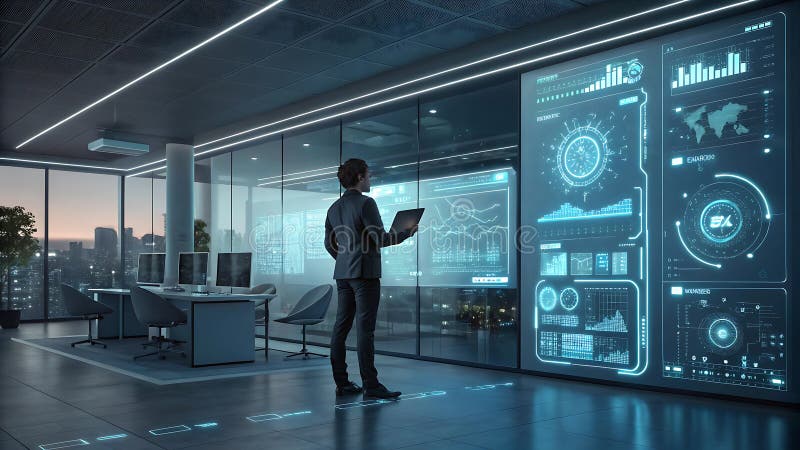 Tech Analyst in Futuristic Office with Augmented SEO Dashboards Stock ...