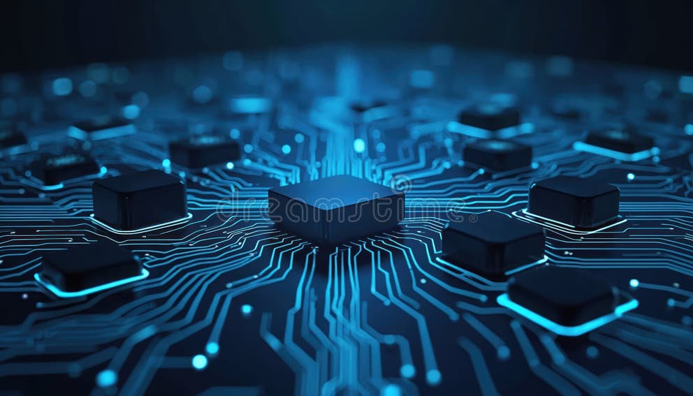 Tech Background with Circuit Board, Processor, Components. Blue Light, Data Flow, Tech ...