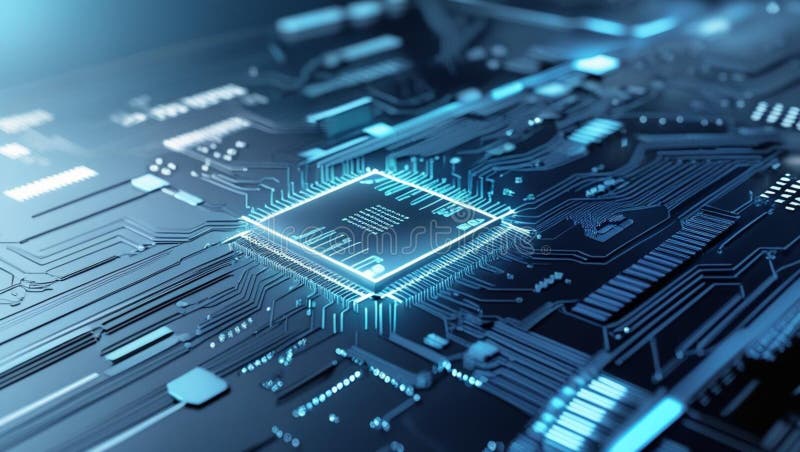 AI Nanotechnology Blue Microchip with Glowing Circuit Board ...
