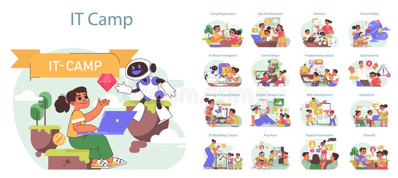 Tech Camp for Children Set. Computer Science, AI, VR Technologies Stock ...