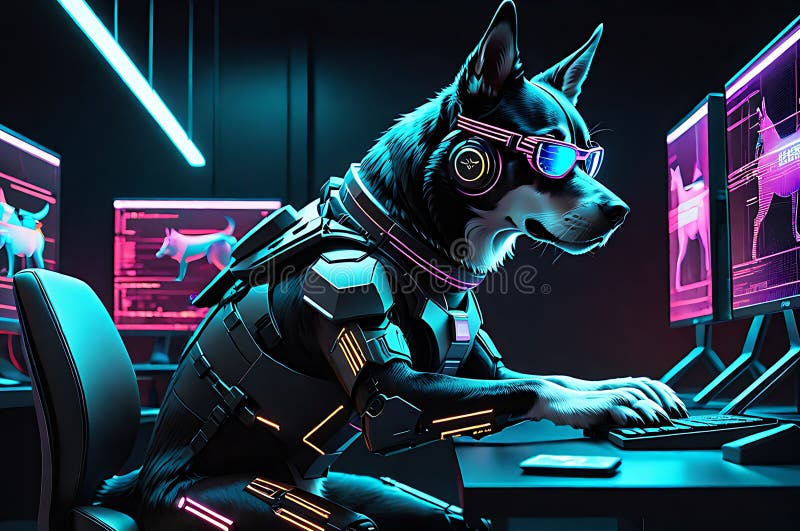 Tech Canine Command: Cybernetic Canine Mounted in Front of a Sleek ...