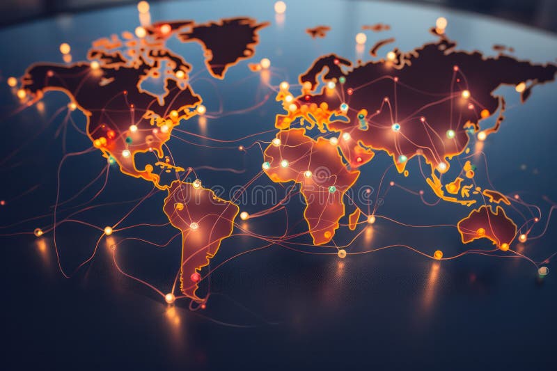 Tech-Connected Globe: World Map with Pins on a Futuristic Technology ...