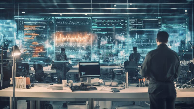 Tech Control Room, Team Analyzing Data, Software Development and Cybersecurity Center Stock ...