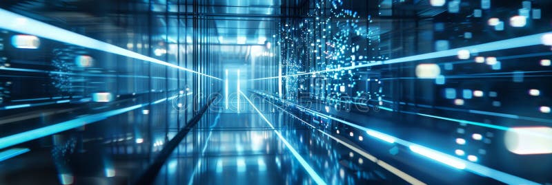 In a Tech Corridor, a Futuristic Digital Data Stream Glows Efficiently ...
