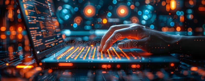 Tech Data Scientist Analyzing Virtual Software Code On Futuristic Ai Interface Engineering