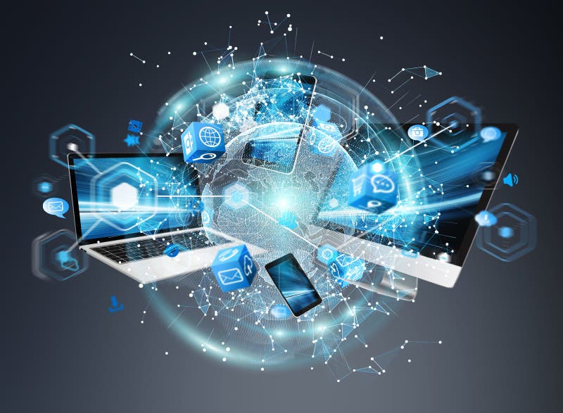 Tech Devices Connected To Each Other 3D Rendering Stock Illustration ...
