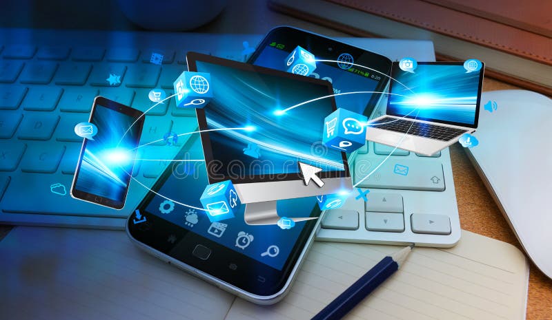 Tech Devices Connected To Each Other by Mobile Phone Stock Illustration ...