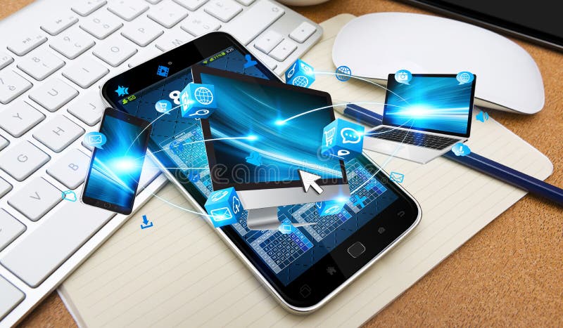 Tech Devices Connected To Each Other by Mobile Phone Stock Illustration ...