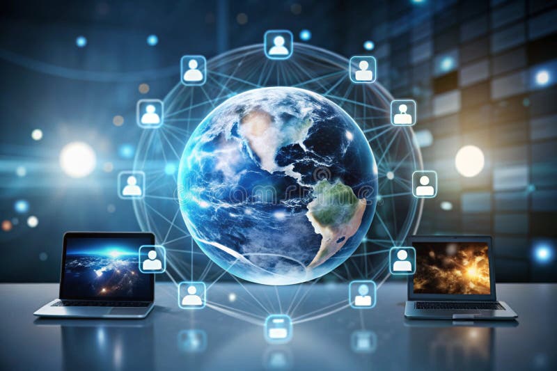 Tech Devices and Icons Connected on Digital Planets Stock Illustration ...