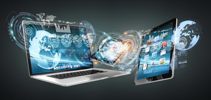 Tech Devices with Icons and Graphs Flying 3D Rendering Stock ...