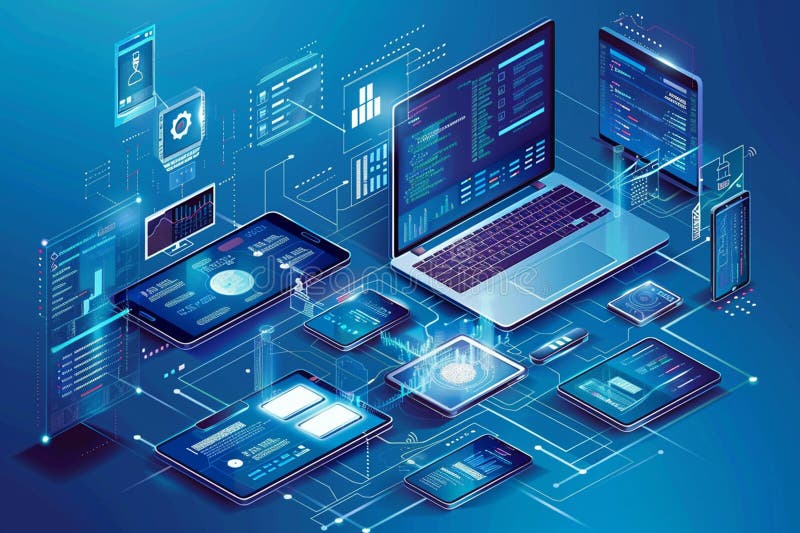 Tech Devices Network Laptop, Tablets, & Phones with Data Streams on ...