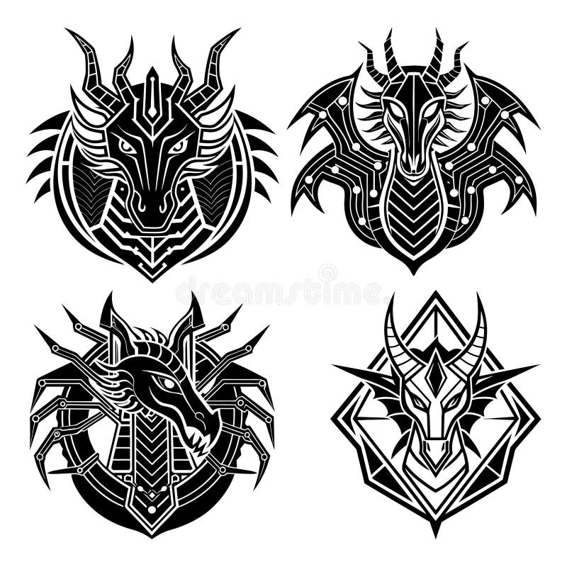 Art and Illustration of Tech Dragon Logo Set Flat Vector Style Stock ...