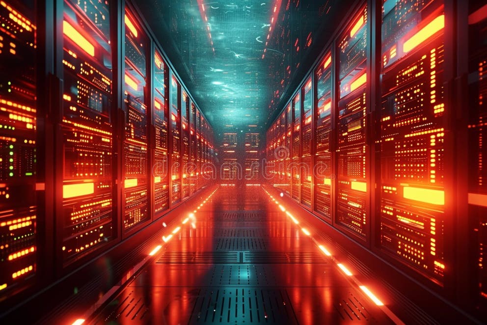Tech Driven Infrastructure 3D Rendered Server Room with Vibrant Data ...