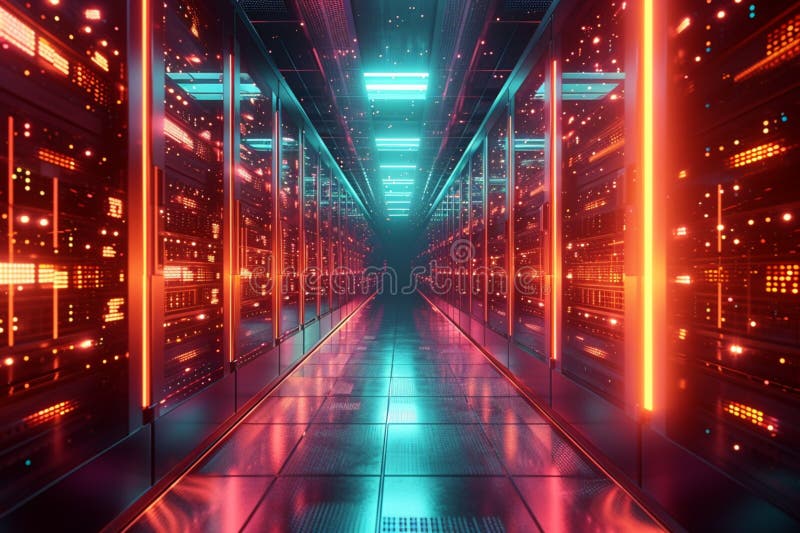 Tech Driven Infrastructure 3D Rendered Server Room with Vibrant Data ...