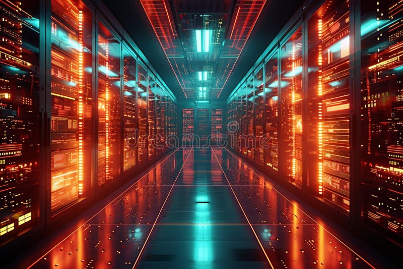 Tech Driven Infrastructure 3D Rendered Server Room with Vibrant Data ...