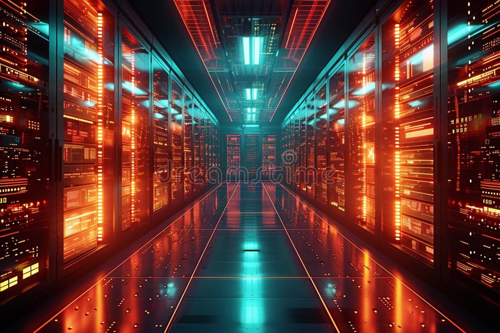 Tech Driven Infrastructure 3D Rendered Server Room with Vibrant Data ...