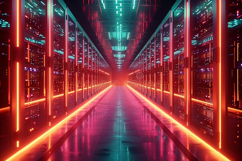 Tech Driven Infrastructure 3D Rendered Server Room with Vibrant Data ...